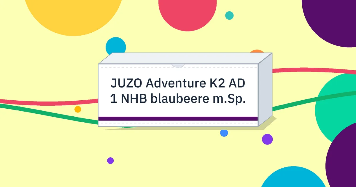 Symbolbild: Packung mit der Aufschrift JUZO Adventure K2 AD 1 NHB blaubeere m.Sp. (PZN 16344954) – Verfügbarkeit und Bezug in Apotheken in Frankfurt am Main