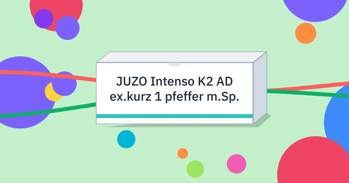 Symbolbild: Packung mit der Aufschrift JUZO Intenso K2 AD ex.kurz 1 pfeffer m.Sp. (PZN 18607837) – Verfügbarkeit und Bezug in Apotheken in Frankfurt am Main