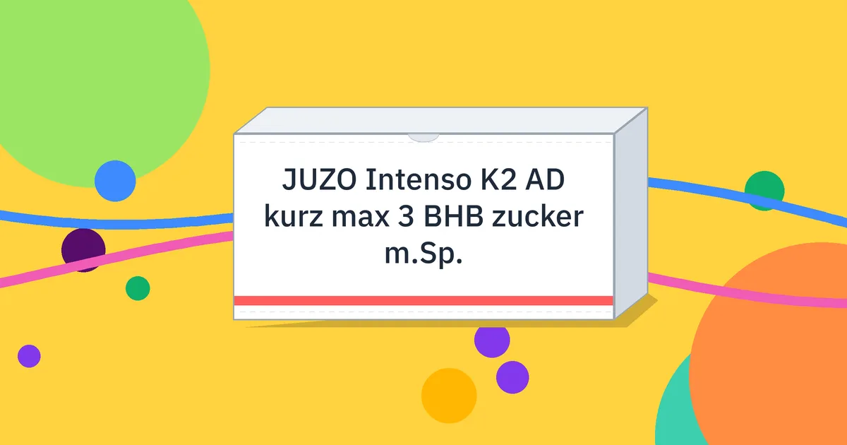 Symbolbild: Packung mit der Aufschrift JUZO Intenso K2 AD kurz max 3 BHB zucker m.Sp. (PZN 18615469) – Verfügbarkeit und Bezug in Apotheken in Frankfurt am Main