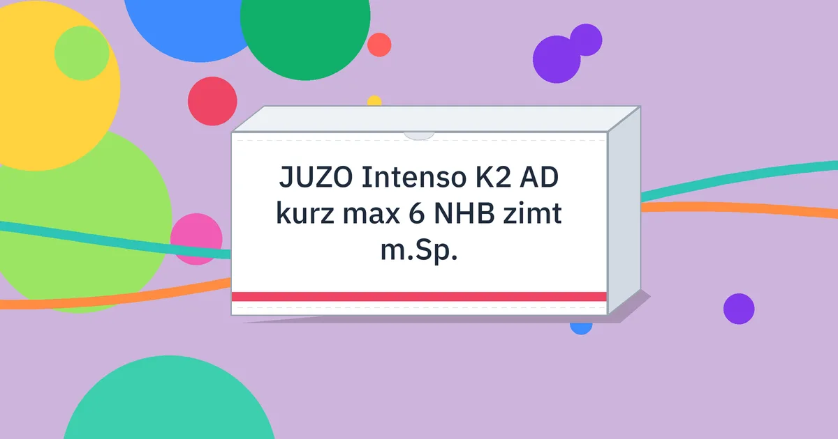 Symbolbild: Packung mit der Aufschrift JUZO Intenso K2 AD kurz max 6 NHB zimt m.Sp. (PZN 18612123) – Verfügbarkeit und Bezug in Apotheken in Frankfurt am Main