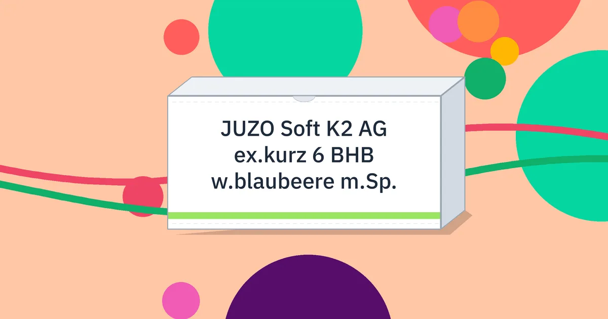 Symbolbild: Packung mit der Aufschrift JUZO Soft K2 AG ex.kurz 6 BHB w.blaubeere m.Sp. (PZN 14843512) – Verfügbarkeit und Bezug in Apotheken in Frankfurt am Main