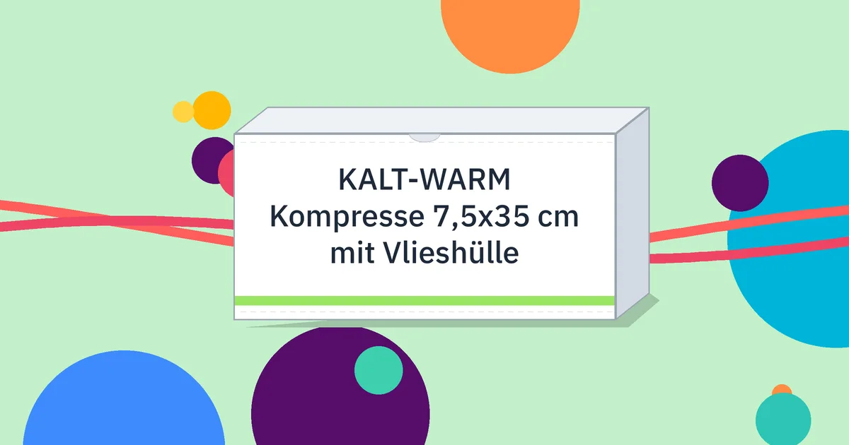 Symbolbild: Packung mit der Aufschrift KALT-WARM Kompresse 7,5x35 cm mit Vlieshülle (PZN 01988290) – Verfügbarkeit und Bezug in Apotheken in Frankfurt am Main