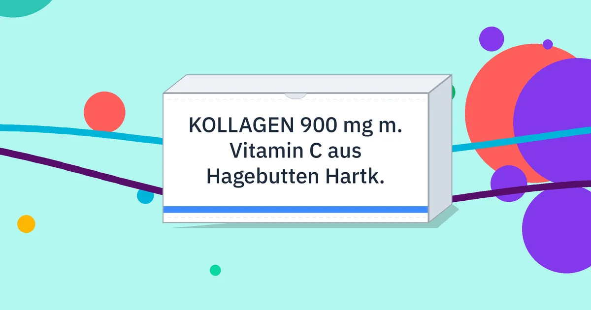 Symbolbild: Packung mit der Aufschrift KOLLAGEN 900 mg m. Vitamin C aus Hagebutten Hartk. (PZN 19648146) – Verfügbarkeit und Bezug in Apotheken in Frankfurt am Main