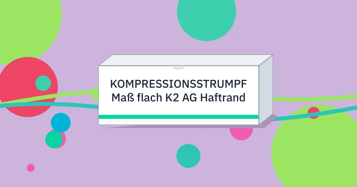 Symbolbild: Packung mit der Aufschrift KOMPRESSIONSSTRUMPF Maß flach K2 AG Haftrand (PZN 16745535) – Verfügbarkeit und Bezug in Apotheken in Frankfurt am Main