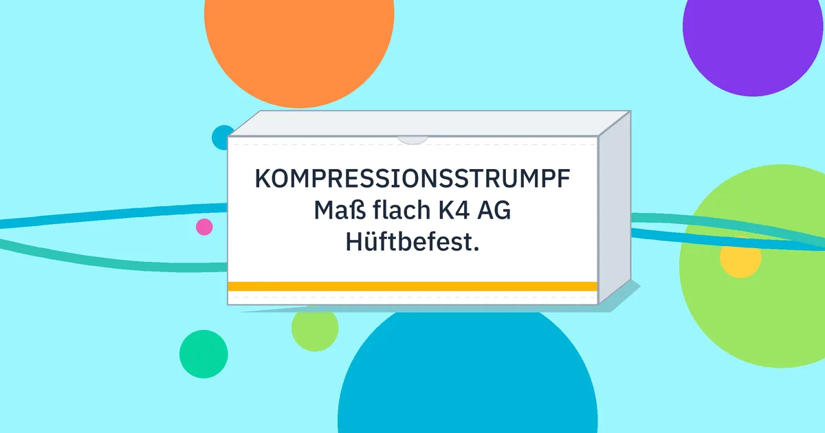 Symbolbild: Packung mit der Aufschrift KOMPRESSIONSSTRUMPF Maß flach K4 AG Hüftbefest. (PZN 16745593) – Verfügbarkeit und Bezug in Apotheken in Frankfurt am Main