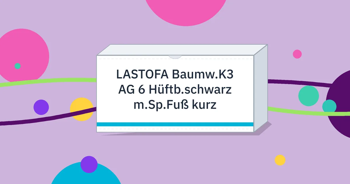 Symbolbild: Packung mit der Aufschrift LASTOFA Baumw.K3 AG 6 Hüftb.schwarz m.Sp.Fuß kurz (PZN 01956953) – Verfügbarkeit und Bezug in Apotheken in Frankfurt am Main