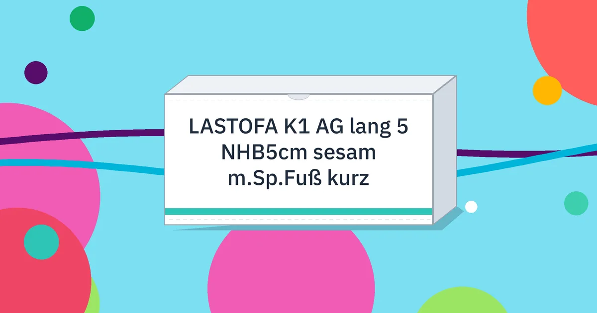 Symbolbild: Packung mit der Aufschrift LASTOFA K1 AG lang 5 NHB5cm sesam m.Sp.Fuß kurz (PZN 13793410) – Verfügbarkeit und Bezug in Apotheken in Frankfurt am Main