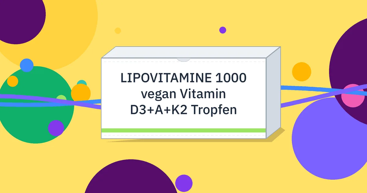 Symbolbild: Packung mit der Aufschrift LIPOVITAMINE 1000 vegan Vitamin D3+A+K2 Tropfen (PZN 19360907) – Verfügbarkeit und Bezug in Apotheken in Frankfurt am Main