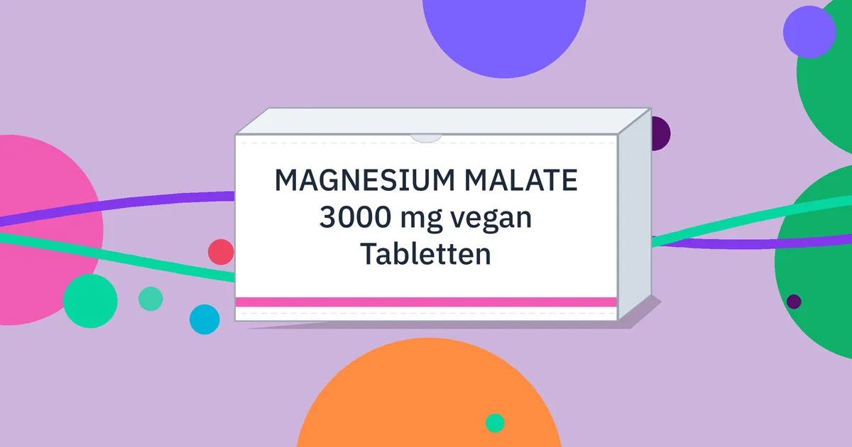 Symbolbild: Packung mit der Aufschrift MAGNESIUM MALATE 3000 mg vegan Tabletten (PZN 18236602) – Verfügbarkeit und Bezug in Apotheken in Frankfurt am Main