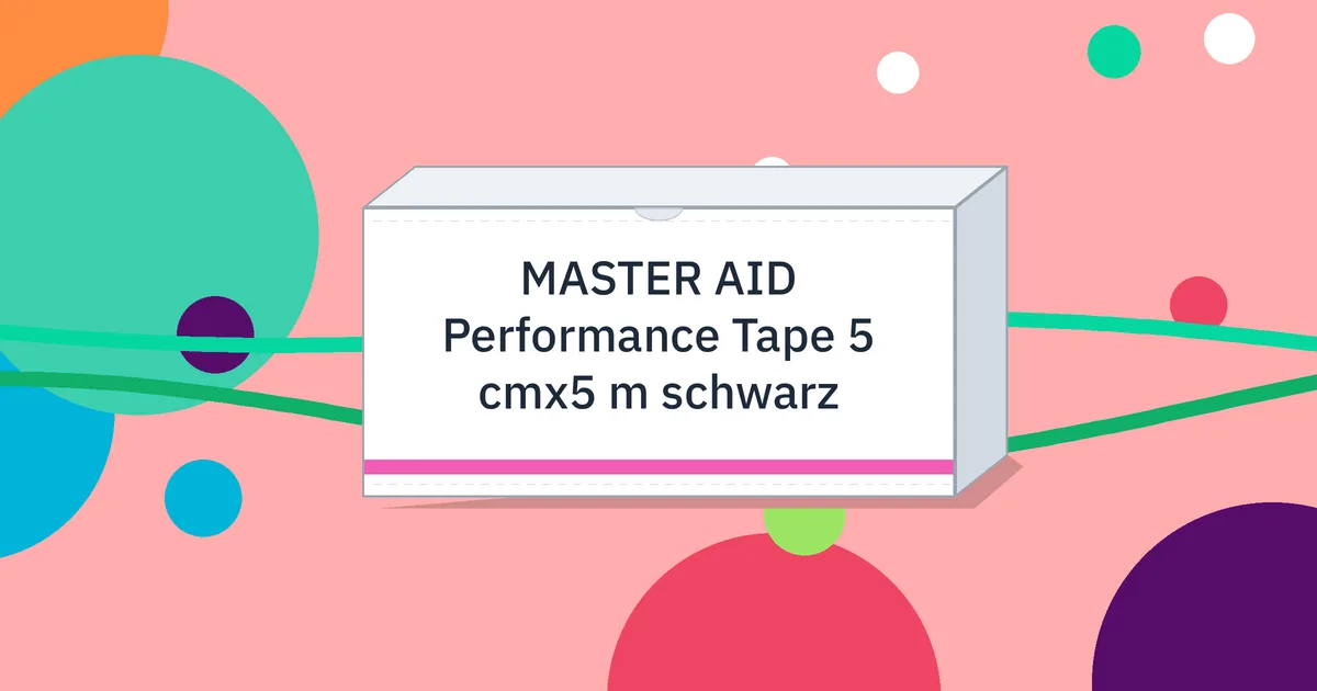 Symbolbild: Packung mit der Aufschrift MASTER AID Performance Tape 5 cmx5 m schwarz (PZN 11598414) – Verfügbarkeit und Bezug in Apotheken in Frankfurt am Main