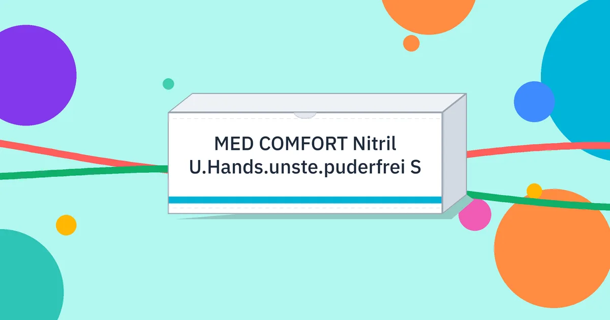 Symbolbild: Packung mit der Aufschrift MED COMFORT Nitril U.Hands.unste.puderfrei S (PZN 15582717) – Verfügbarkeit und Bezug in Apotheken in Frankfurt am Main