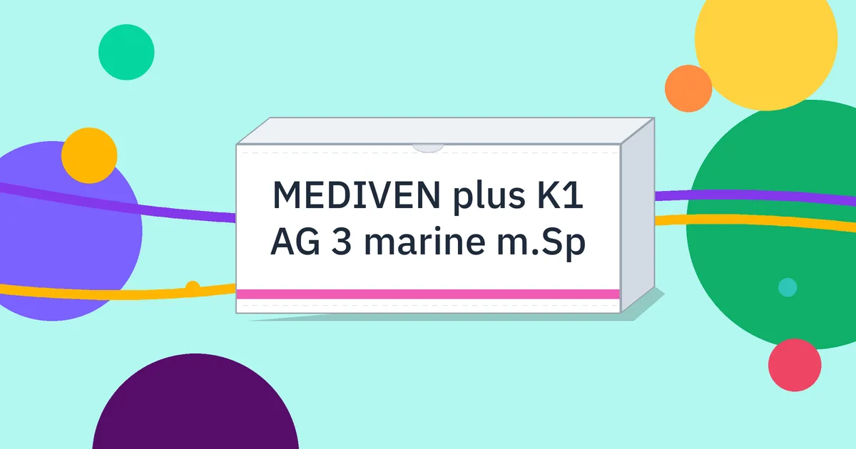 Symbolbild: Packung mit der Aufschrift MEDIVEN plus K1 AG 3 marine m.Sp (PZN 15055478) – Verfügbarkeit und Bezug in Apotheken in Frankfurt am Main
