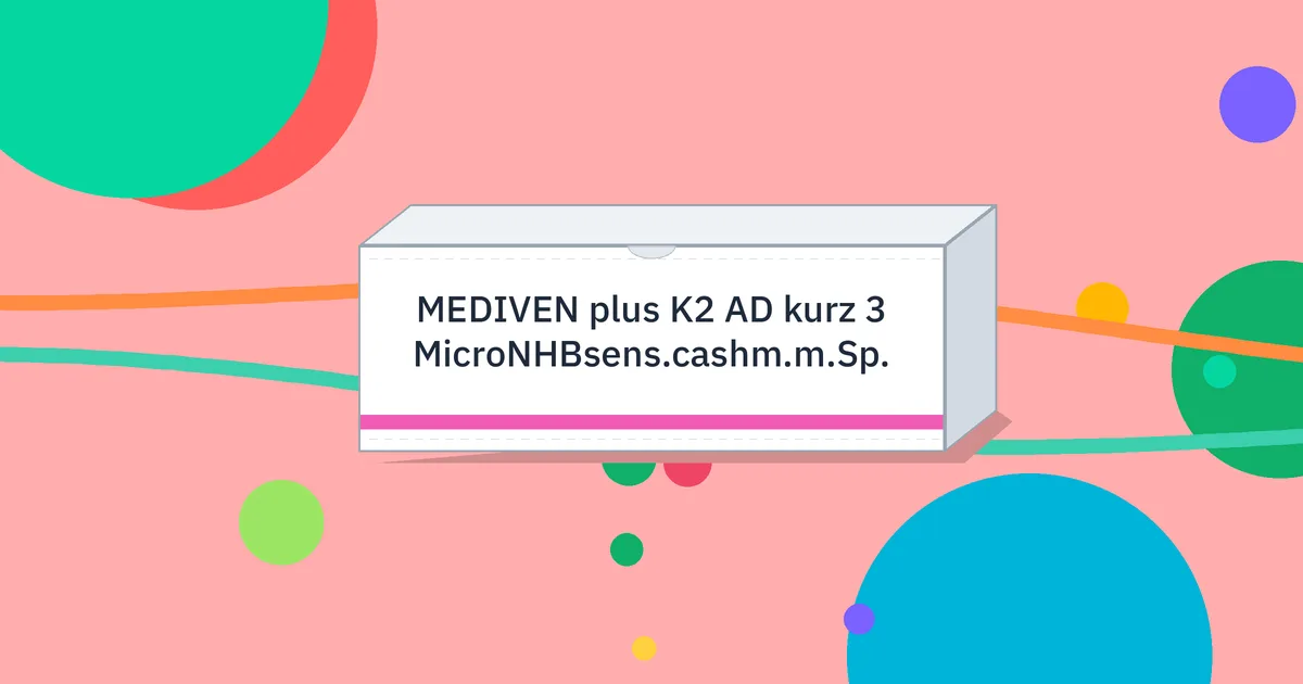 Symbolbild: Packung mit der Aufschrift MEDIVEN plus K2 AD kurz 3 MicroNHBsens.cashm.m.Sp. (PZN 15933677) – Verfügbarkeit und Bezug in Apotheken in Frankfurt am Main