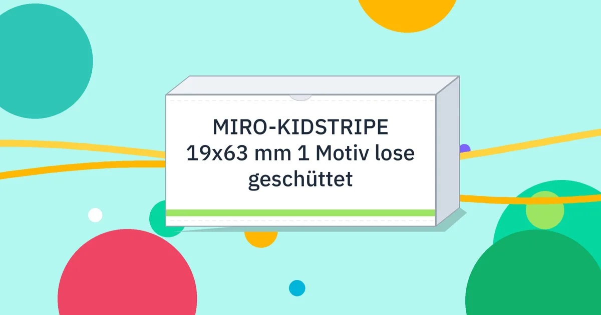 Symbolbild: Packung mit der Aufschrift MIRO-KIDSTRIPE 19x63 mm 1 Motiv lose geschüttet (PZN 20547396) – Verfügbarkeit und Bezug in Apotheken in Frankfurt am Main