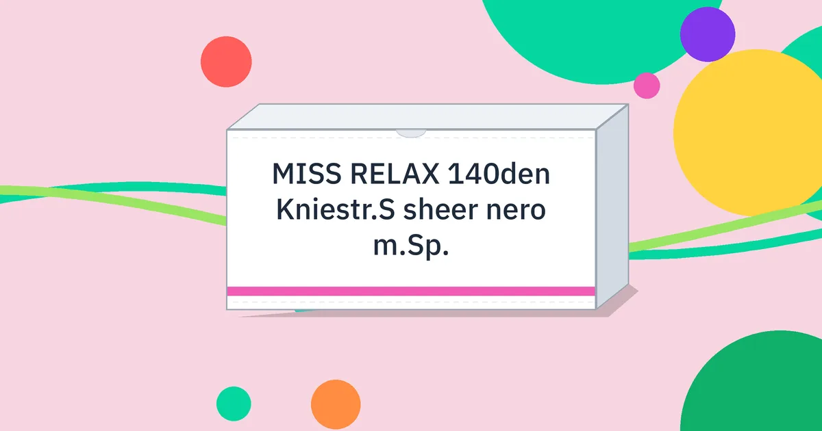 Symbolbild: Packung mit der Aufschrift MISS RELAX 140den Kniestr.S sheer nero m.Sp. (PZN 16189519) – Verfügbarkeit und Bezug in Apotheken in Frankfurt am Main
