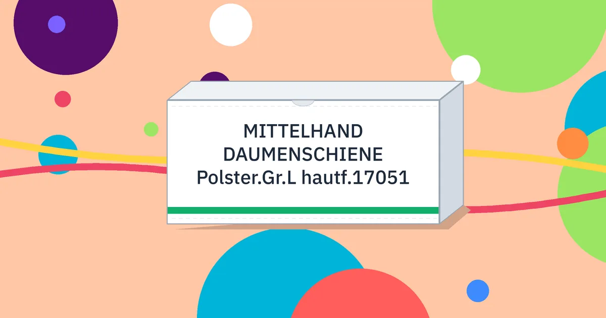 Symbolbild: Packung mit der Aufschrift MITTELHAND DAUMENSCHIENE Polster.Gr.L hautf.17051 (PZN 01415298) – Verfügbarkeit und Bezug in Apotheken in Frankfurt am Main