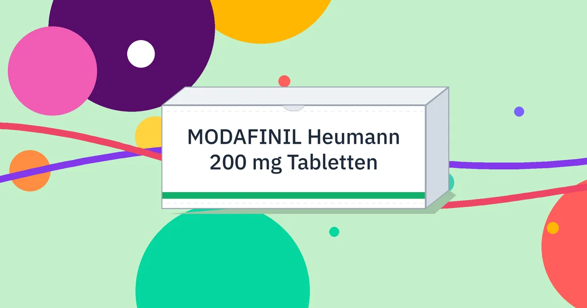 Symbolbild: Packung mit der Aufschrift MODAFINIL Heumann 200 mg Tabletten (PZN 14403440) – Verfügbarkeit und Bezug in Apotheken in Frankfurt am Main