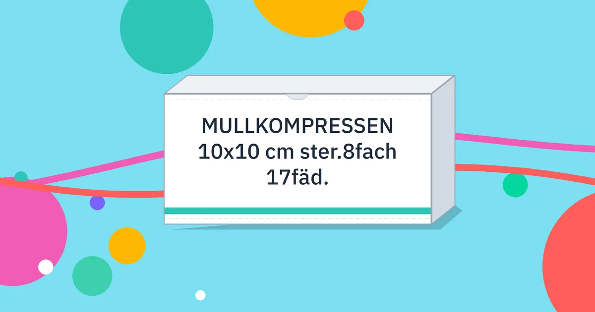 Symbolbild: Packung mit der Aufschrift MULLKOMPRESSEN 10x10 cm ster.8fach 17fäd. (PZN 06929553) – Verfügbarkeit und Bezug in Apotheken in Frankfurt am Main