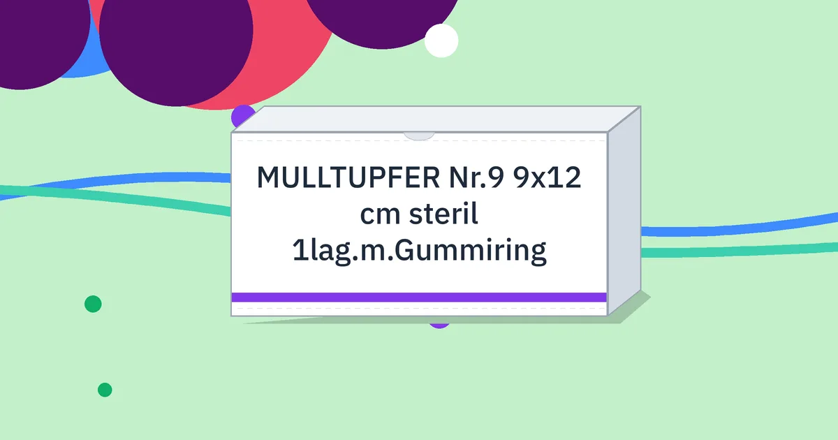 Symbolbild: Packung mit der Aufschrift MULLTUPFER Nr.9 9x12 cm steril 1lag.m.Gummiring (PZN 00260758) – Verfügbarkeit und Bezug in Apotheken in Frankfurt am Main