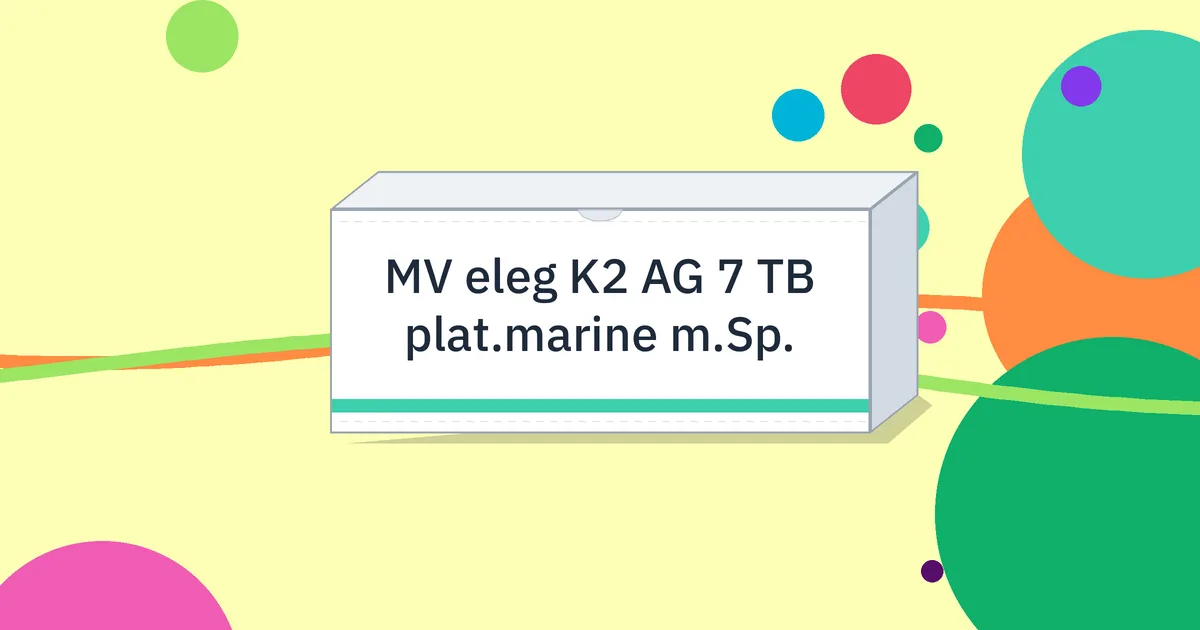 Symbolbild: Packung mit der Aufschrift MV eleg K2 AG 7 TB plat.marine m.Sp. (PZN 15283765) – Verfügbarkeit und Bezug in Apotheken in Frankfurt am Main