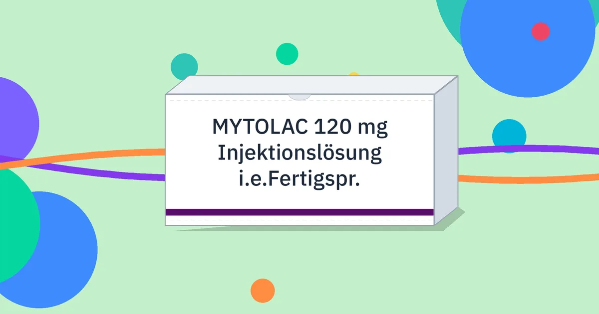 Symbolbild: Packung mit der Aufschrift MYTOLAC 120 mg Injektionslösung i.e.Fertigspr. (PZN 20000953) – Verfügbarkeit und Bezug in Apotheken in Frankfurt am Main