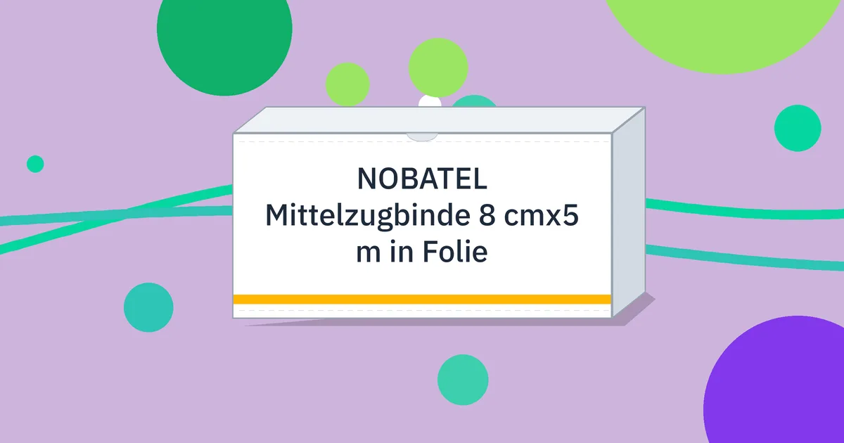 Symbolbild: Packung mit der Aufschrift NOBATEL Mittelzugbinde 8 cmx5 m in Folie (PZN 07095469) – Verfügbarkeit und Bezug in Apotheken in Frankfurt am Main