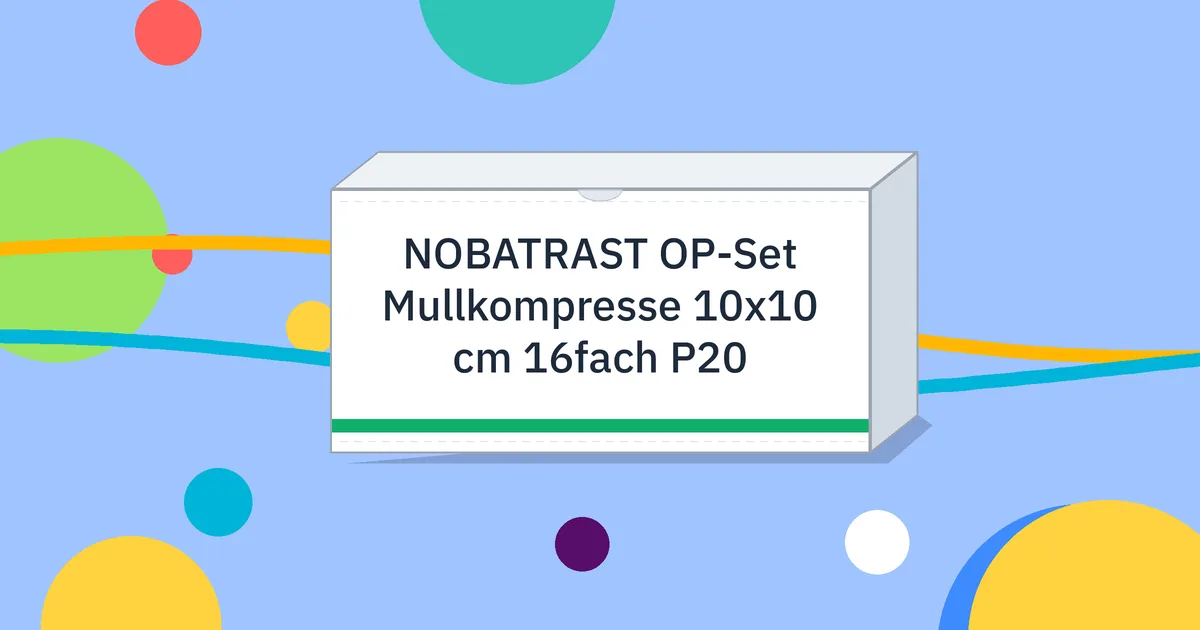 Symbolbild: Packung mit der Aufschrift NOBATRAST OP-Set Mullkompresse 10x10 cm 16fach P20 (PZN 18276116) – Verfügbarkeit und Bezug in Apotheken in Frankfurt am Main