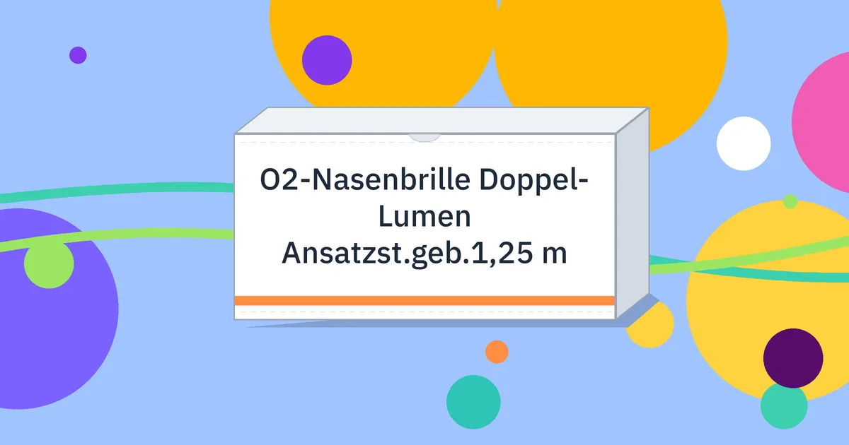 Symbolbild: Packung mit der Aufschrift O2-Nasenbrille Doppel-Lumen Ansatzst.geb.1,25 m (PZN 17432821) – Verfügbarkeit und Bezug in Apotheken in Frankfurt am Main