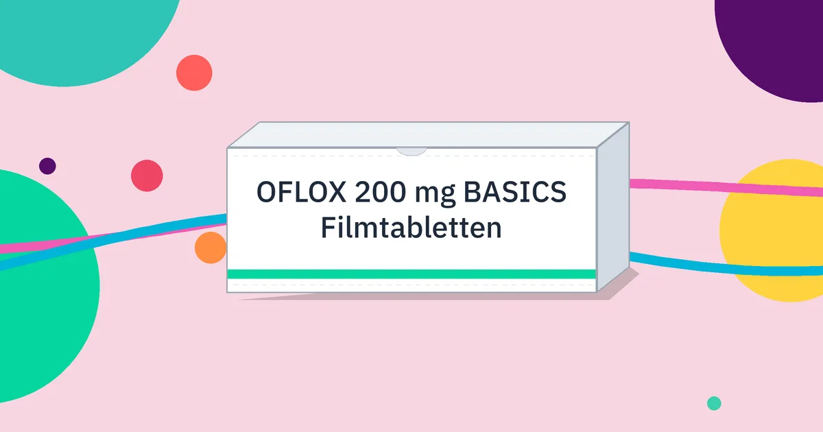 Symbolbild: Packung mit der Aufschrift OFLOX 200 mg BASICS Filmtabletten (PZN 01661703) – Verfügbarkeit und Bezug in Apotheken in Frankfurt am Main