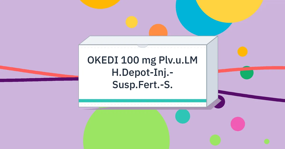 Symbolbild: Packung mit der Aufschrift OKEDI 100 mg Plv.u.LM H.Depot-Inj.-Susp.Fert.-S. (PZN 19638892) – Verfügbarkeit und Bezug in Apotheken in Frankfurt am Main
