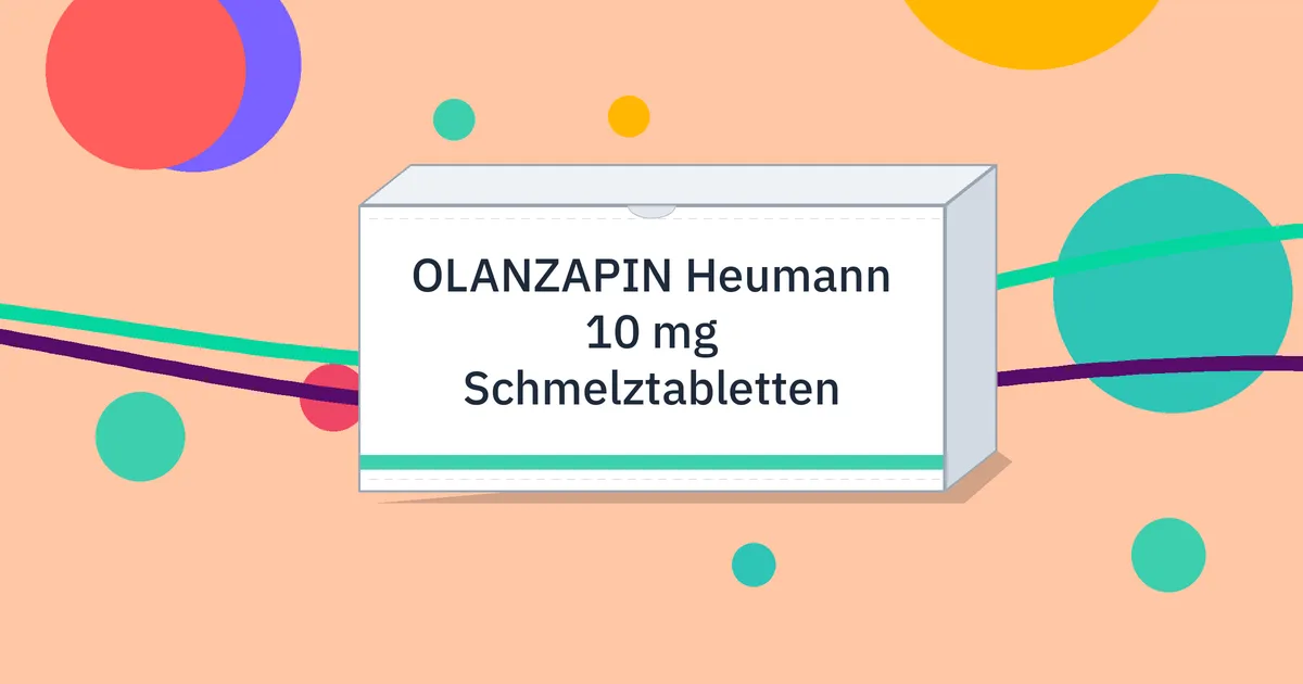 Symbolbild: Packung mit der Aufschrift OLANZAPIN Heumann 10 mg Schmelztabletten (PZN 09100016) – Verfügbarkeit und Bezug in Apotheken in Frankfurt am Main