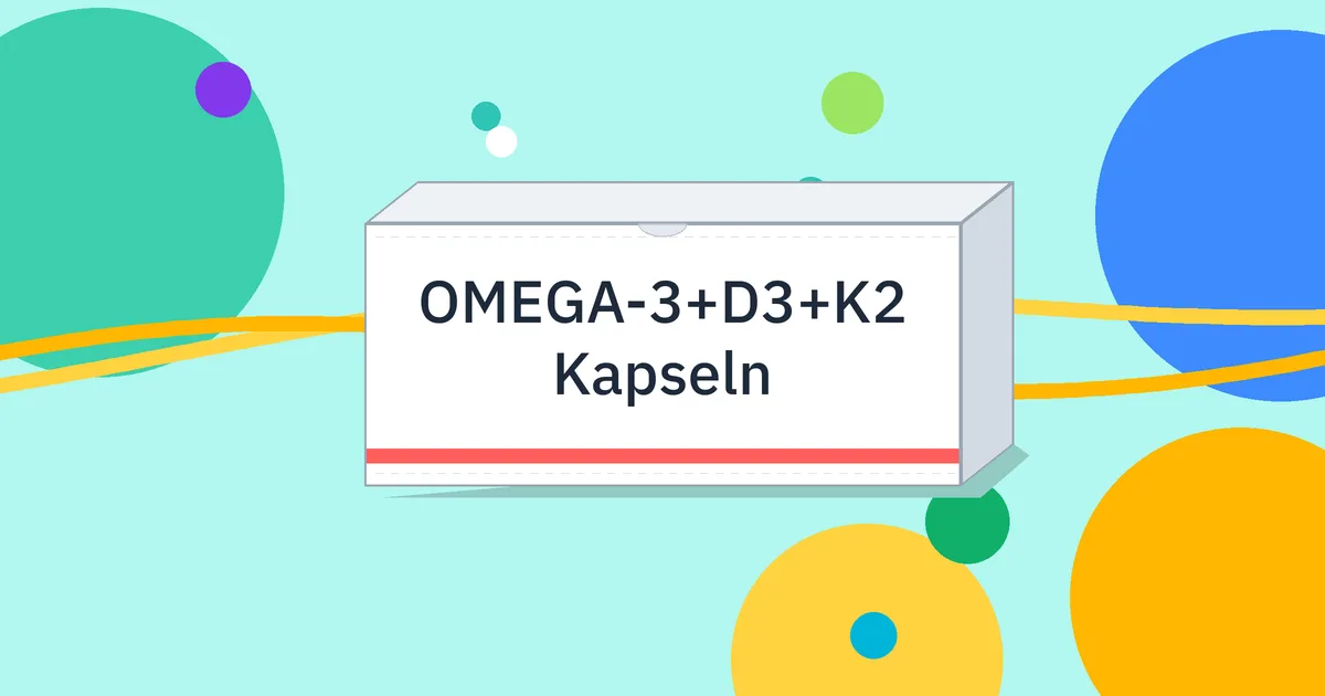 Symbolbild: Packung mit der Aufschrift OMEGA-3+D3+K2 Kapseln (PZN 18650980) – Verfügbarkeit und Bezug in Apotheken in Frankfurt am Main