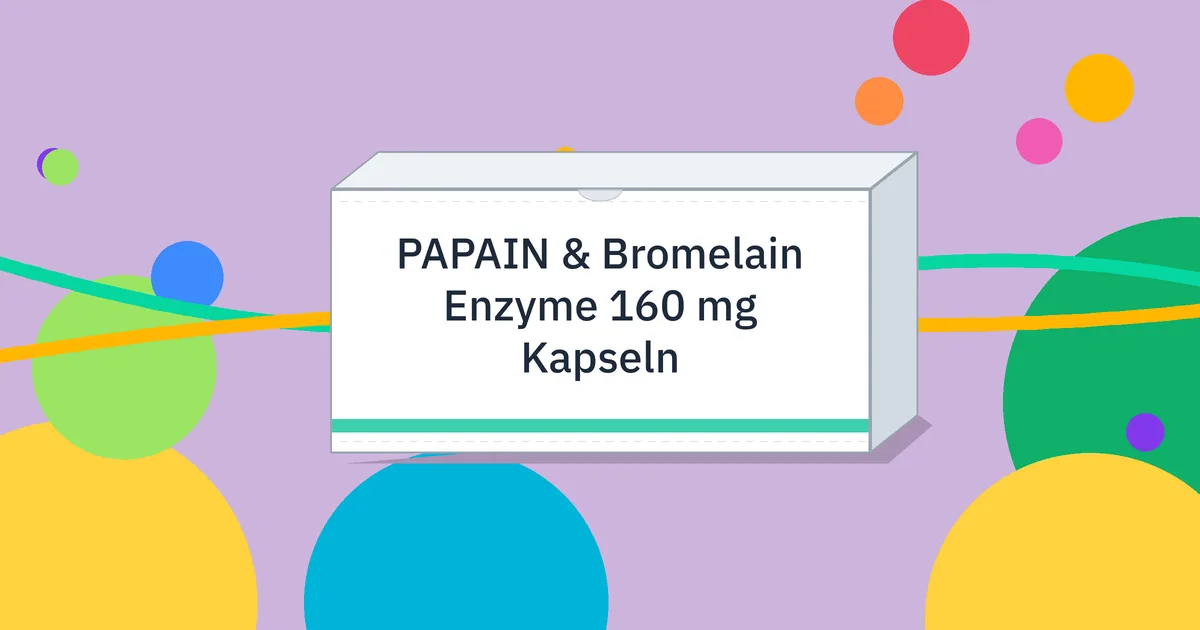 Symbolbild: Packung mit der Aufschrift PAPAIN & Bromelain Enzyme 160 mg Kapseln (PZN 17255589) – Verfügbarkeit und Bezug in Apotheken in Frankfurt am Main