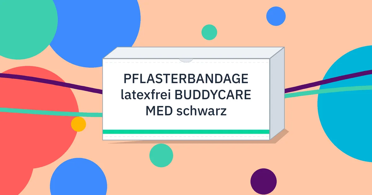 Symbolbild: Packung mit der Aufschrift PFLASTERBANDAGE latexfrei BUDDYCARE MED schwarz (PZN 16502577) – Verfügbarkeit und Bezug in Apotheken in Frankfurt am Main