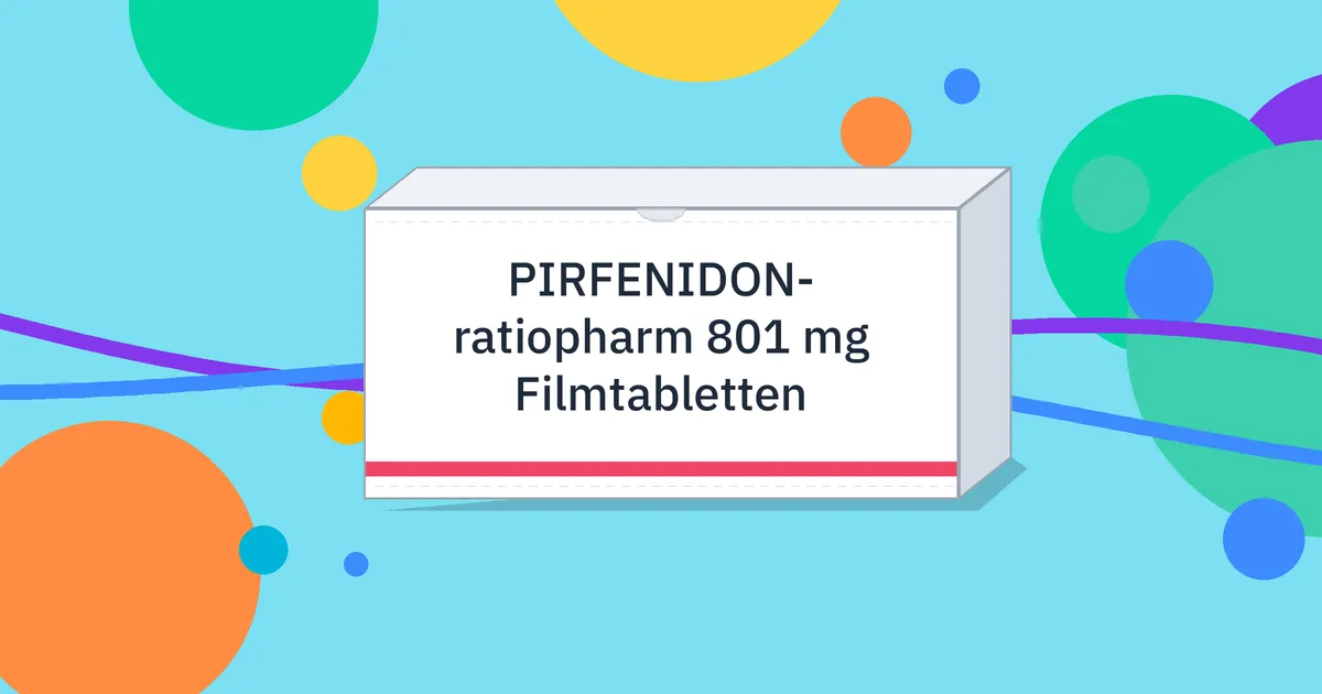 Symbolbild: Packung mit der Aufschrift PIRFENIDON-ratiopharm 801 mg Filmtabletten (PZN 18045084) – Verfügbarkeit und Bezug in Apotheken in Frankfurt am Main