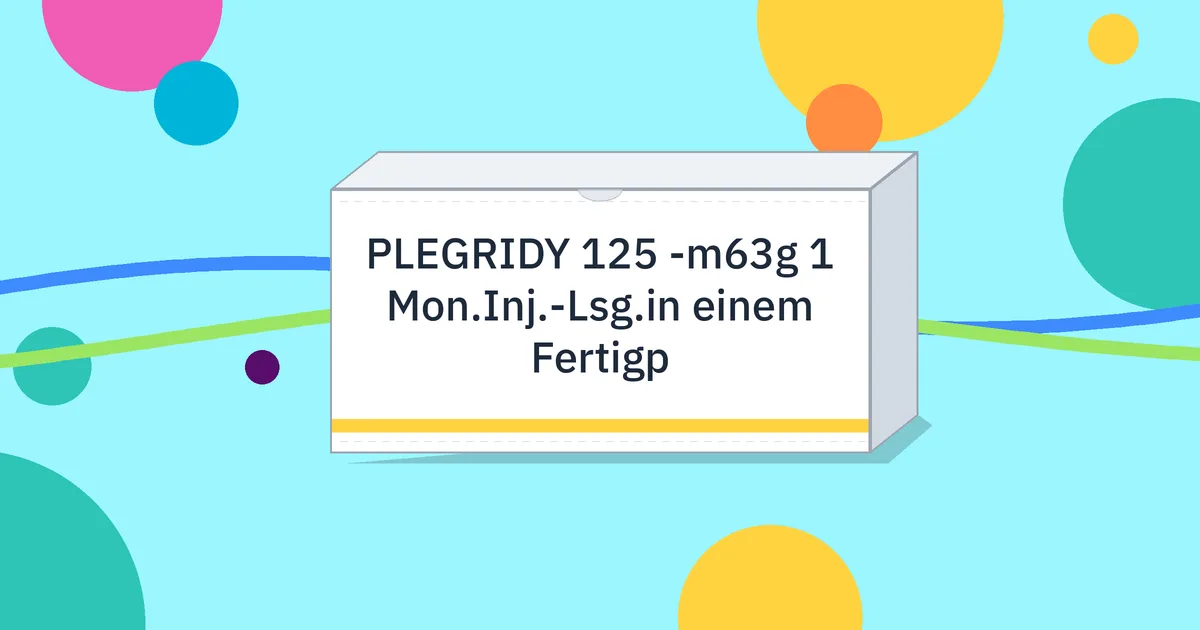 Symbolbild: Packung mit der Aufschrift PLEGRIDY 125 -m63g 1 Mon.Inj.-Lsg.in einem Fertigp (PZN 12592359) – Verfügbarkeit und Bezug in Apotheken in Frankfurt am Main