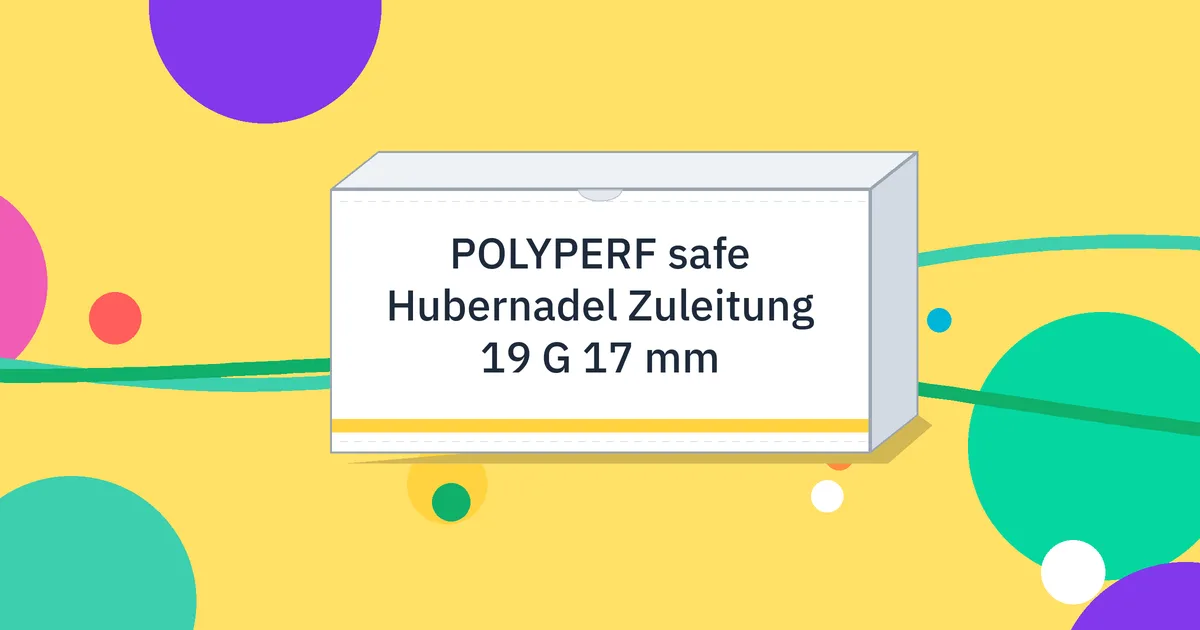 Symbolbild: Packung mit der Aufschrift POLYPERF safe Hubernadel Zuleitung 19 G 17 mm (PZN 13866238) – Verfügbarkeit und Bezug in Apotheken in Frankfurt am Main