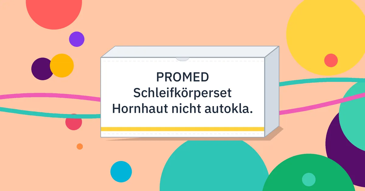 Symbolbild: Packung mit der Aufschrift PROMED Schleifkörperset Hornhaut nicht autokla. (PZN 10531017) – Verfügbarkeit und Bezug in Apotheken in Frankfurt am Main