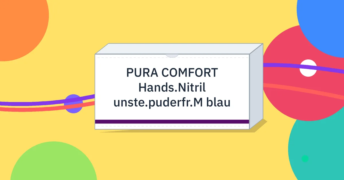 Symbolbild: Packung mit der Aufschrift PURA COMFORT Hands.Nitril unste.puderfr.M blau (PZN 13511386) – Verfügbarkeit und Bezug in Apotheken in Frankfurt am Main