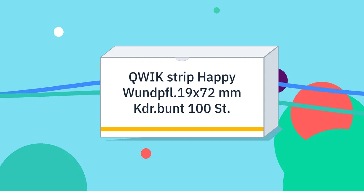 Symbolbild: Packung mit der Aufschrift QWIK strip Happy Wundpfl.19x72 mm Kdr.bunt 100 St. (PZN 04941633) – Verfügbarkeit und Bezug in Apotheken in Frankfurt am Main