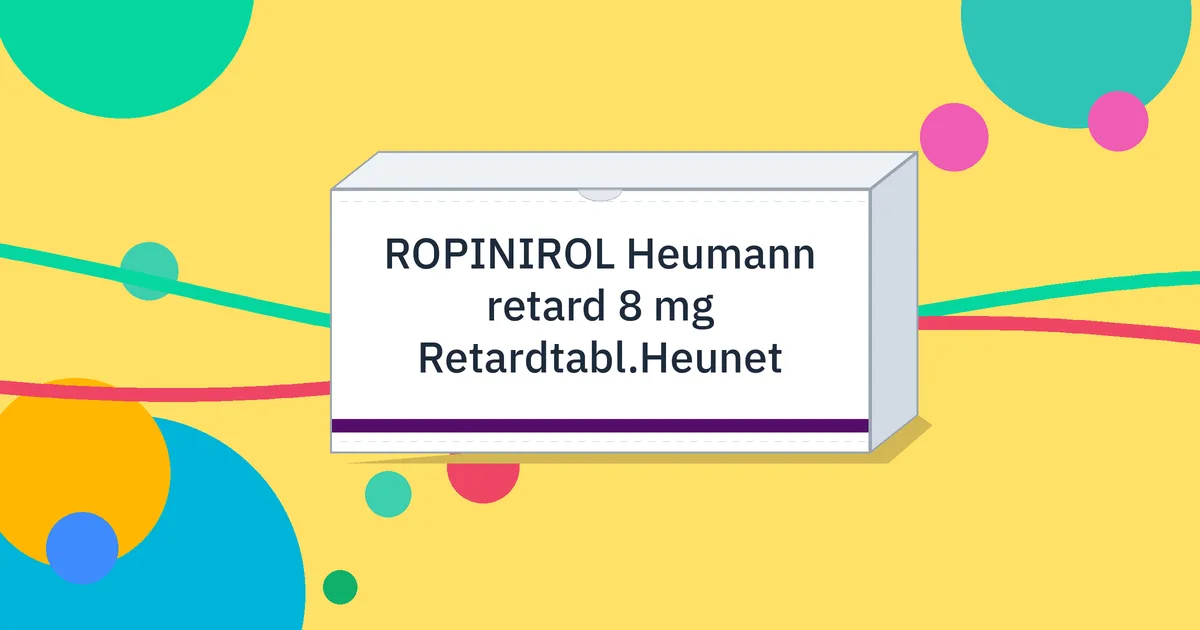 Symbolbild: Packung mit der Aufschrift ROPINIROL Heumann retard 8 mg Retardtabl.Heunet (PZN 16198530) – Verfügbarkeit und Bezug in Apotheken in Frankfurt am Main