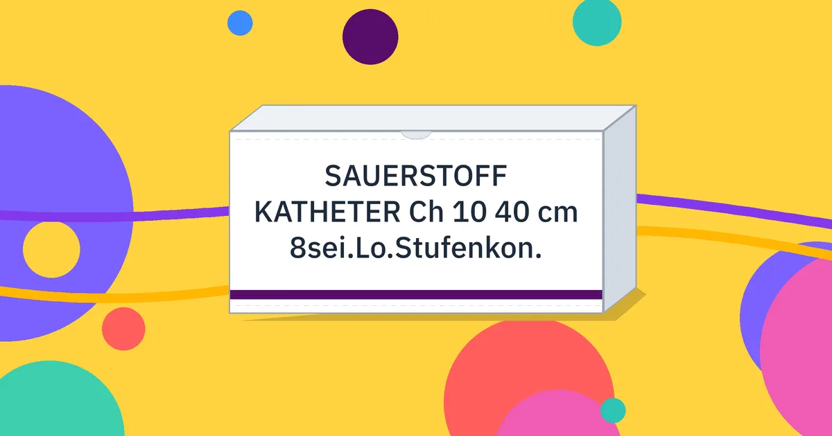 Symbolbild: Packung mit der Aufschrift SAUERSTOFF KATHETER Ch 10 40 cm 8sei.Lo.Stufenkon. (PZN 12312348) – Verfügbarkeit und Bezug in Apotheken in Frankfurt am Main