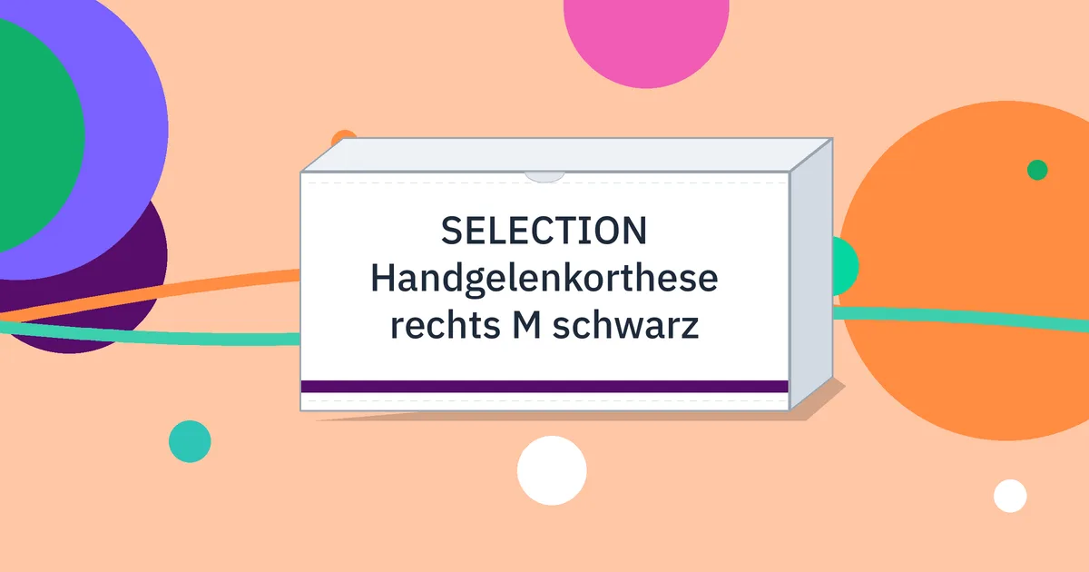 Symbolbild: Packung mit der Aufschrift SELECTION Handgelenkorthese rechts M schwarz (PZN 10839689) – Verfügbarkeit und Bezug in Apotheken in Frankfurt am Main