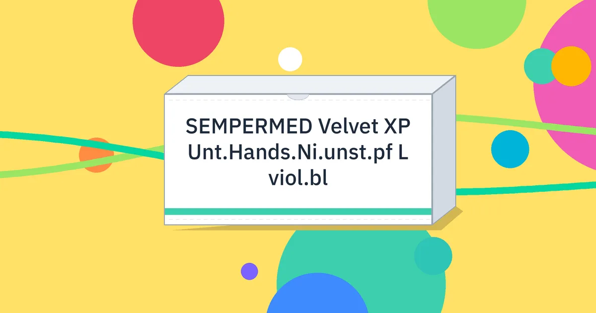 Symbolbild: Packung mit der Aufschrift SEMPERMED Velvet XP Unt.Hands.Ni.unst.pf L viol.bl (PZN 19971249) – Verfügbarkeit und Bezug in Apotheken in Frankfurt am Main