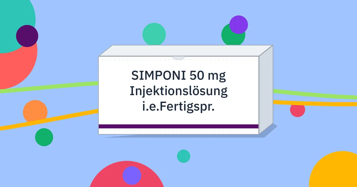 Symbolbild: Packung mit der Aufschrift SIMPONI 50 mg Injektionslösung i.e.Fertigspr. (PZN 06926632) – Verfügbarkeit und Bezug in Apotheken in Frankfurt am Main