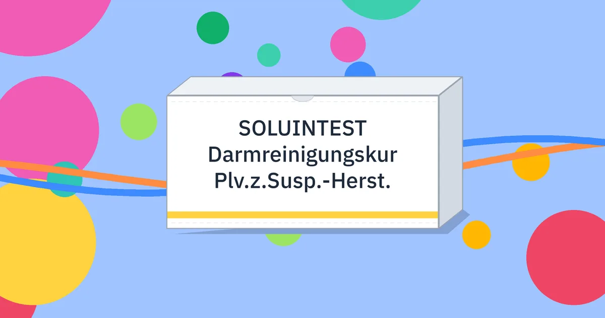 Symbolbild: Packung mit der Aufschrift SOLUINTEST Darmreinigungskur Plv.z.Susp.-Herst. (PZN 13158441) – Verfügbarkeit und Bezug in Apotheken in Frankfurt am Main