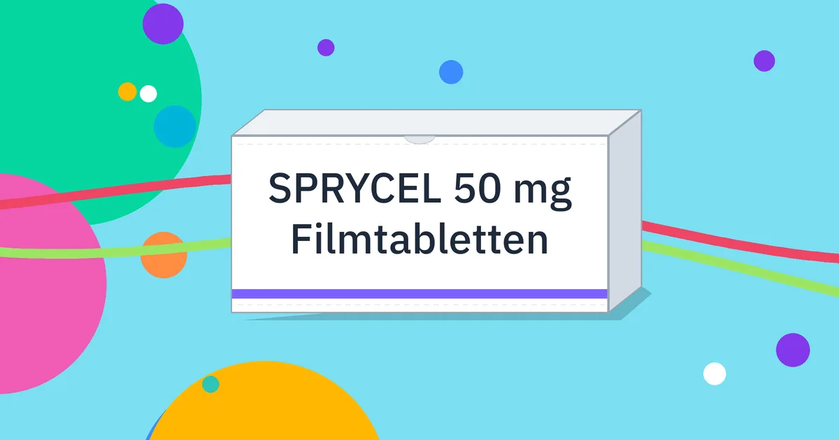 Symbolbild: Packung mit der Aufschrift SPRYCEL 50 mg Filmtabletten (PZN 04768620) – Verfügbarkeit und Bezug in Apotheken in Frankfurt am Main