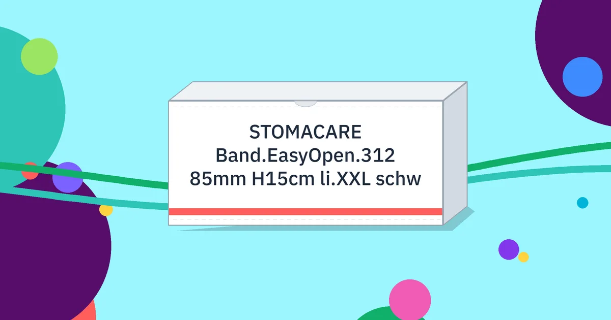 Symbolbild: Packung mit der Aufschrift STOMACARE Band.EasyOpen.312 85mm H15cm li.XXL schw (PZN 09438034) – Verfügbarkeit und Bezug in Apotheken in Frankfurt am Main