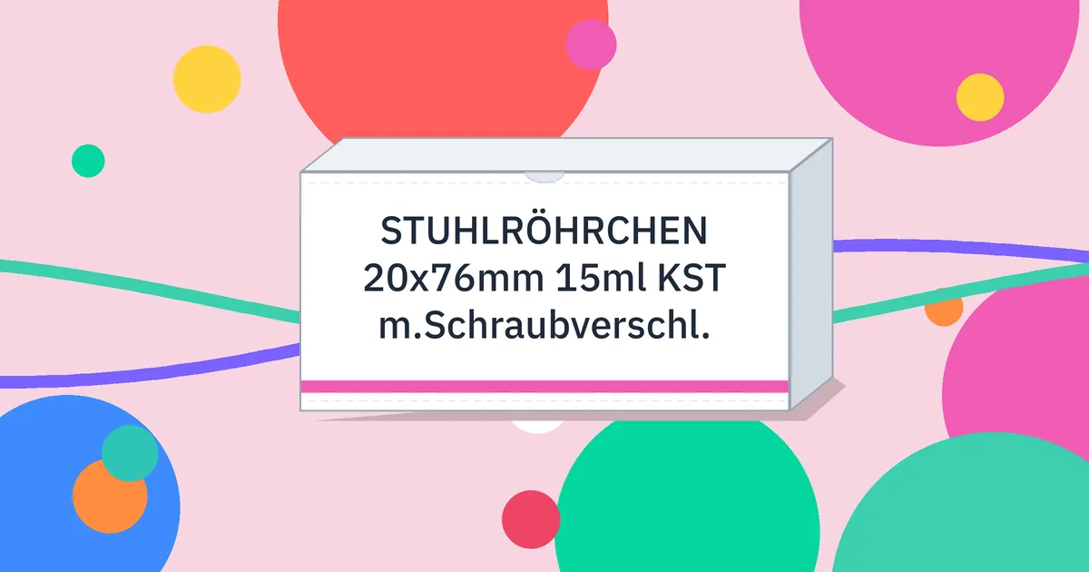 Symbolbild: Packung mit der Aufschrift STUHLRÖHRCHEN 20x76mm 15ml KST m.Schraubverschl. (PZN 09729010) – Verfügbarkeit und Bezug in Apotheken in Frankfurt am Main