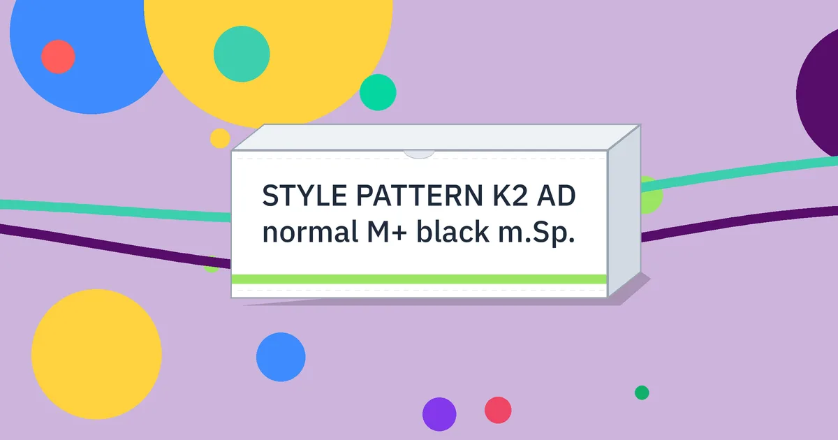 Symbolbild: Packung mit der Aufschrift STYLE PATTERN K2 AD normal M+ black m.Sp. (PZN 19695335) – Verfügbarkeit und Bezug in Apotheken in Frankfurt am Main